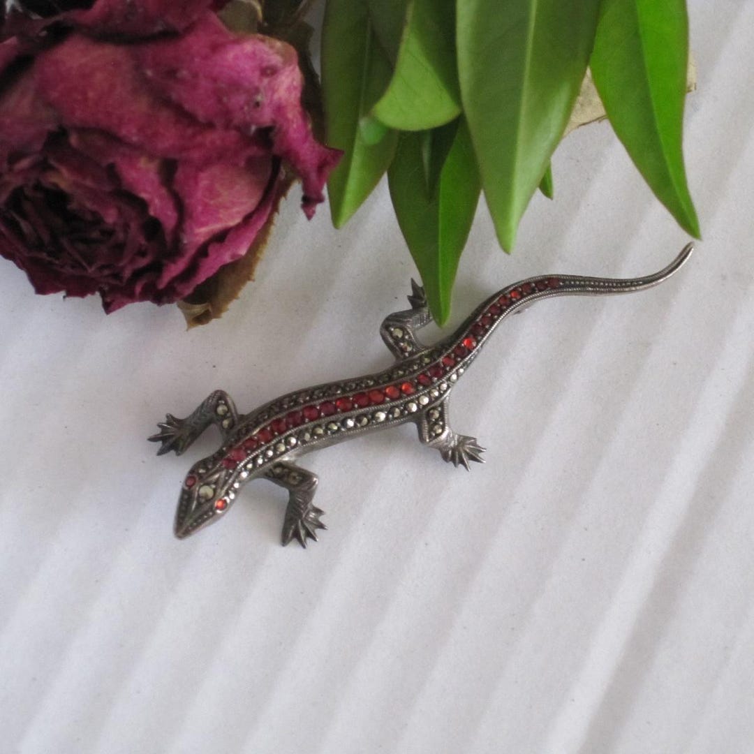 Soldvintage Silver Lizard Brooch, Marcasite and Garnet Lizard Brooch ...