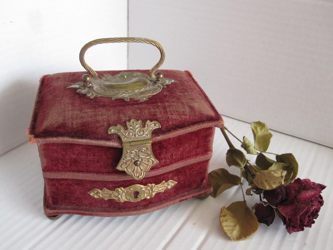 Antique French Jewelry Box, Red Velvet With Brass Decor Trinket Box ...