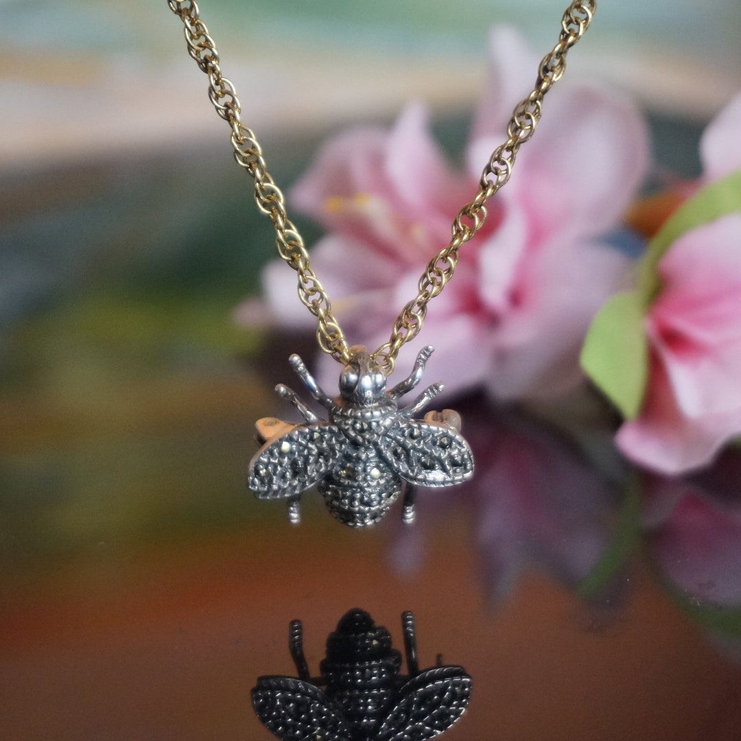 Vintage Sterling Silver Bee Brooch-pendant, Marcasite Bee Pendant, Bee ...