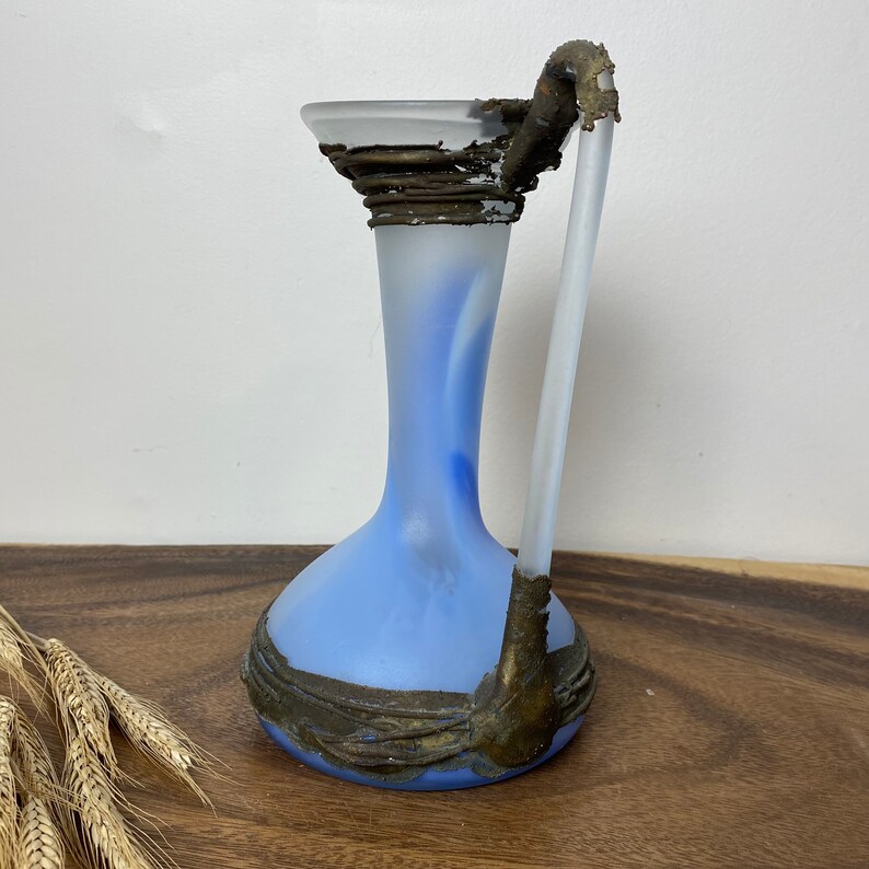 Vintage Romanian Frosted Hand Blown Art Glass Vase Trailed Bronze ...