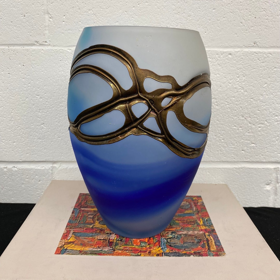 Vintage Romanian Frosted Hand Blown Art Glass Vase Trailed Bronze ...