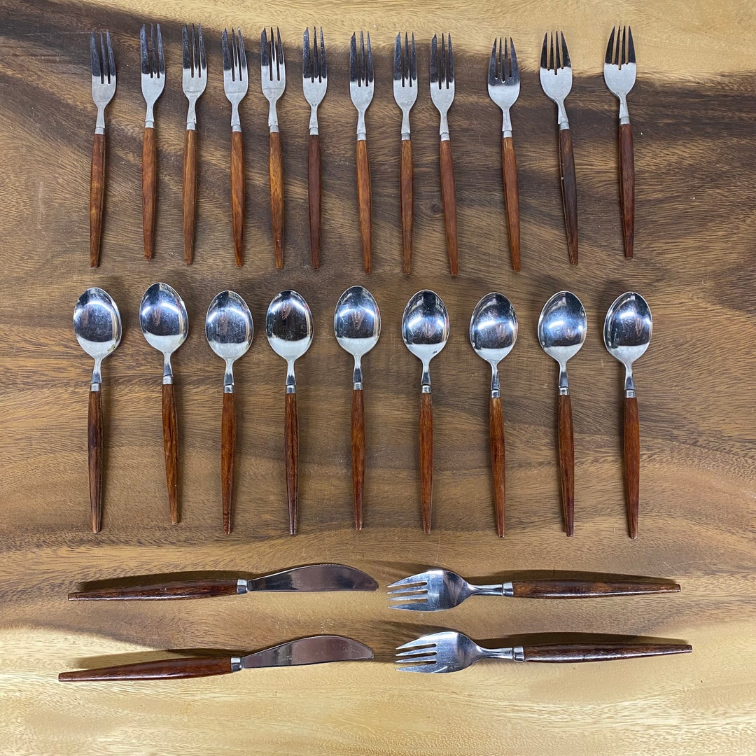 Set Mid Century Modern Stainless Steel Utensils Wood Handle Dutch ...