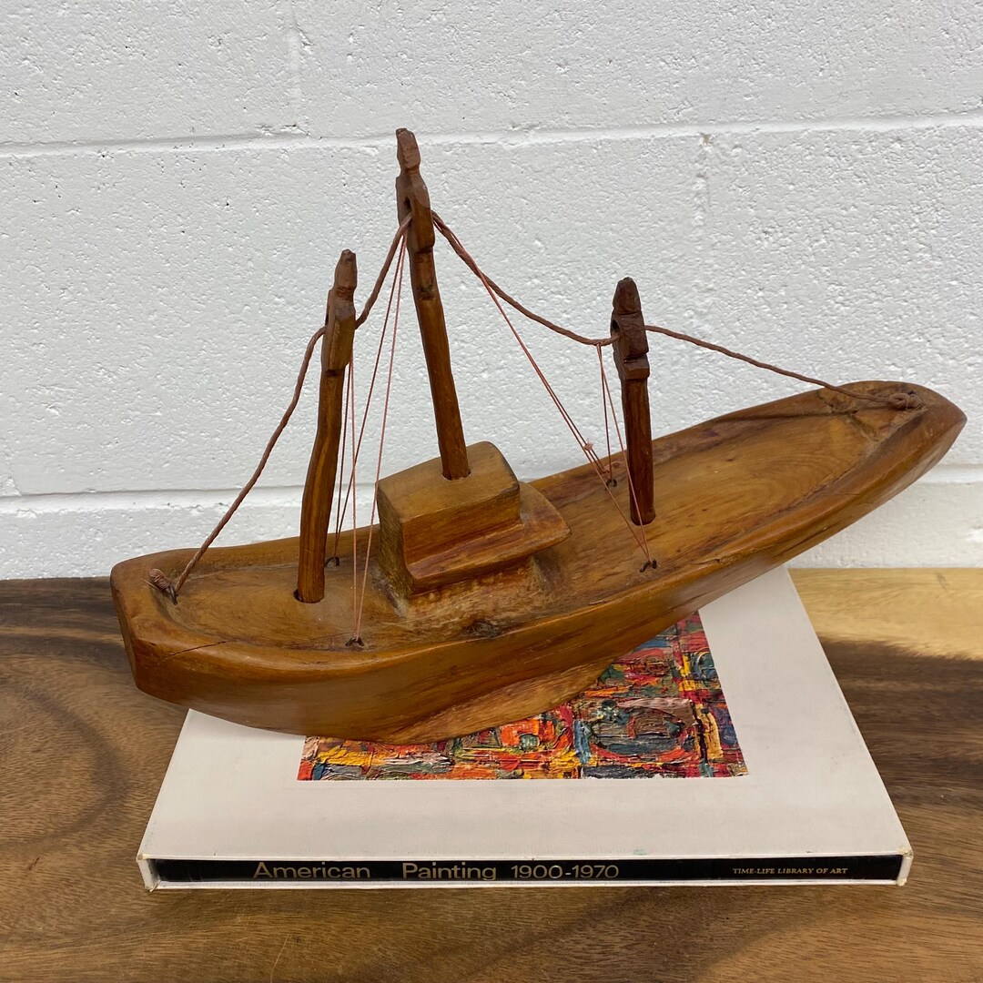 Vintage Hand Carved Wooden Sailboat, Cottage Decor - Etsy