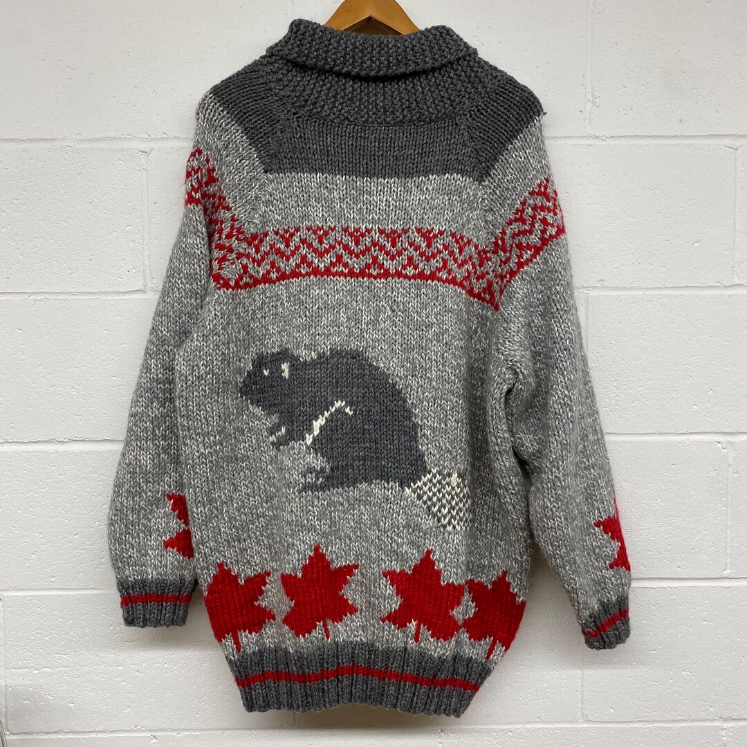 Hand Knit Intarsia Canadian Maple Leaf & Beaver Cardigan Shawl Collar ...
