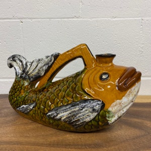 Vintage as is Portuguese Majolica Fish Gurgle Pitcher - Etsy