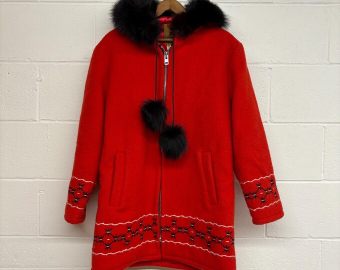 Vintage Inuit Embroidered Red Wool Parka With Fox Fur Trim - Etsy