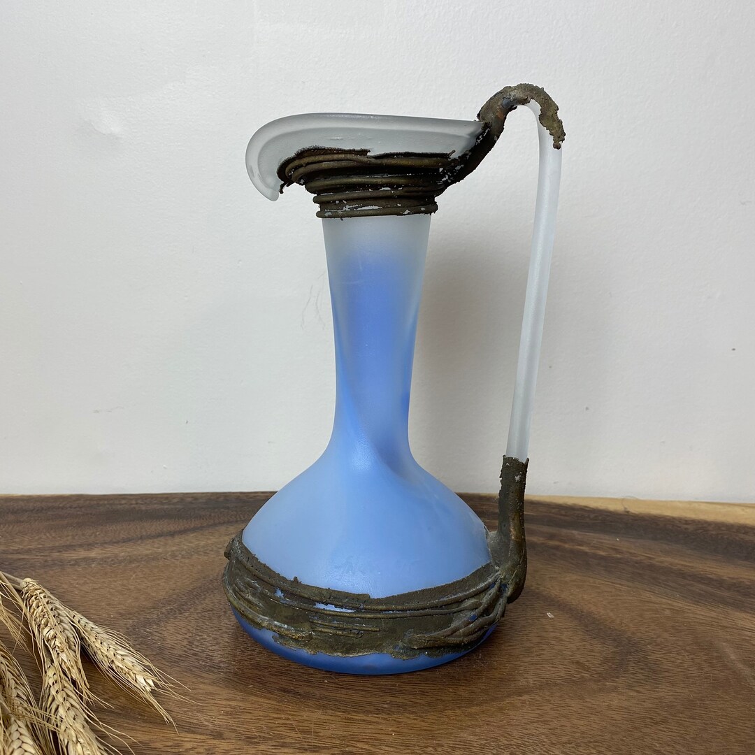 Vintage Romanian Frosted Hand Blown Art Glass Vase Trailed Bronze ...