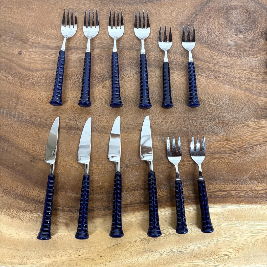 Noritake Primastone Cobalt Blue Ceramic Handle Flatware Silverware Set ...