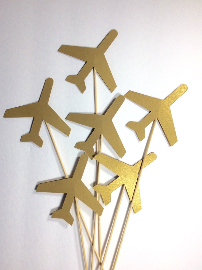 Brass Colored Shiny Gold Airplanes Table Decor on 12" Skewers ...