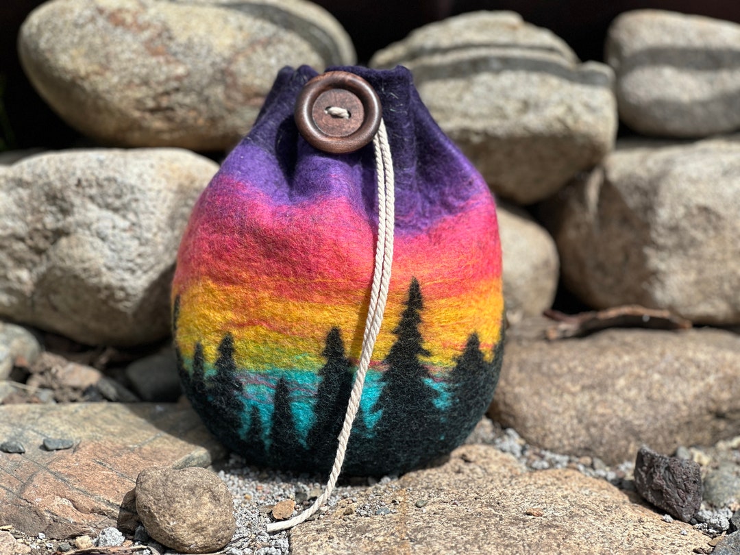 Handmade Soft Merino Wool Drawstring Pouch, Unique Wet Felted Art ...