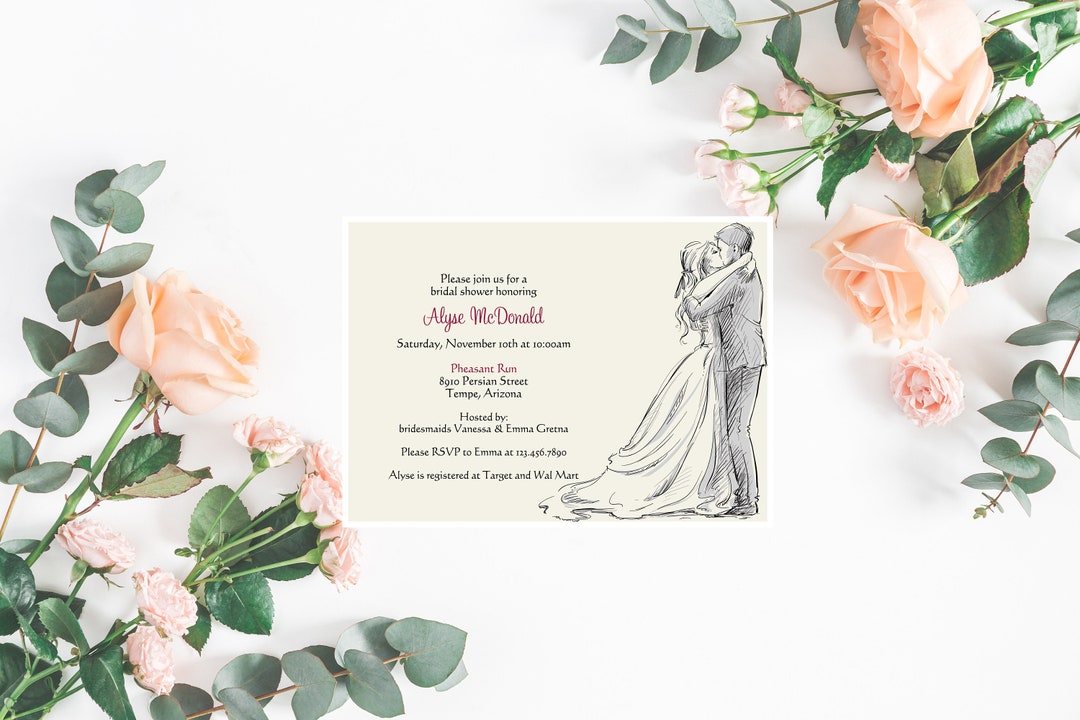 Bridal, Shower, Wedding, Invitation, Bride, Groom, Kiss, Hand Drawn ...
