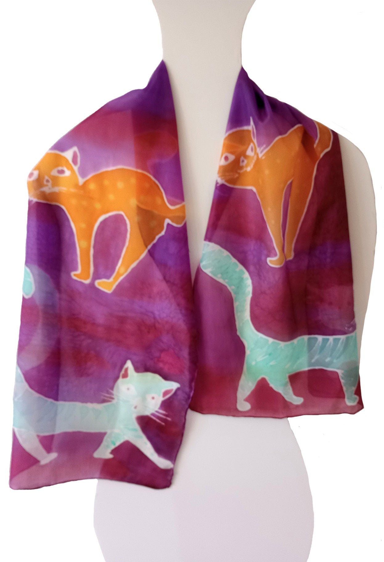 Silk Scarf Hand Painted Cats Lover Gift Designer Scarves - Etsy