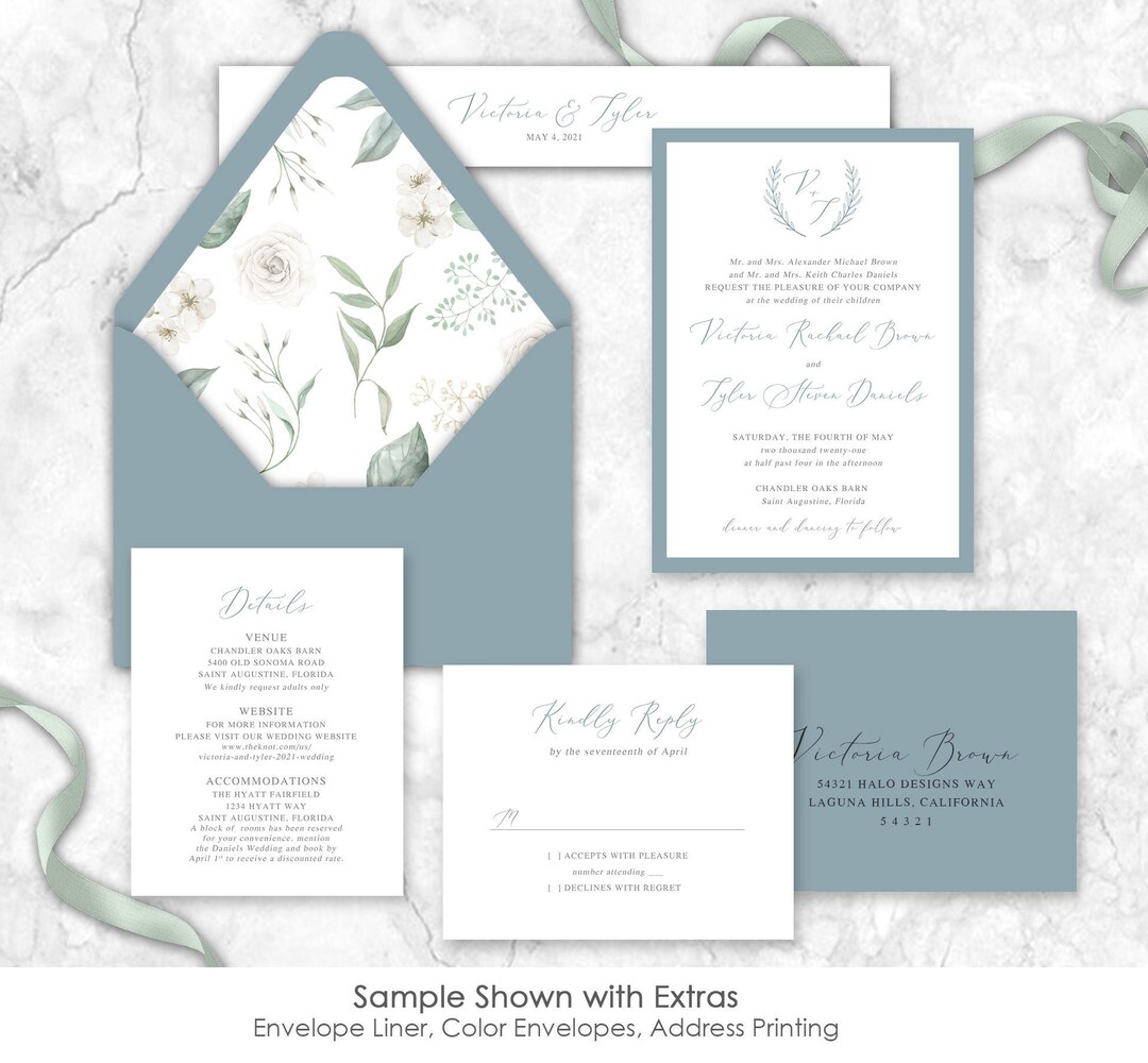 Dusty Blue Monogram Wedding Invitation, Blue, Interlocking Monogram ...