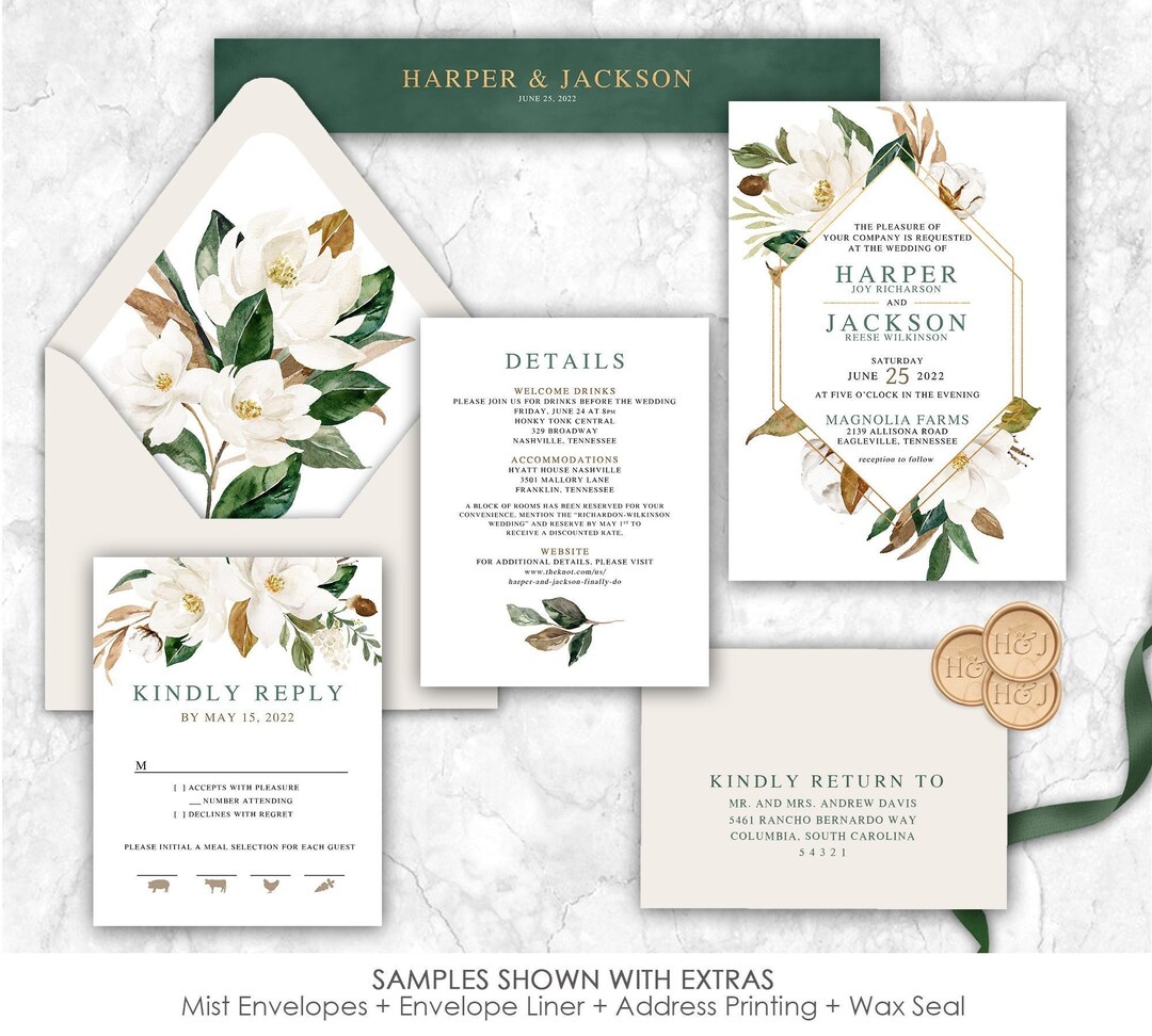 Magnolia Wedding Invitation, Pretty Wedding Invitation Set, Southern ...