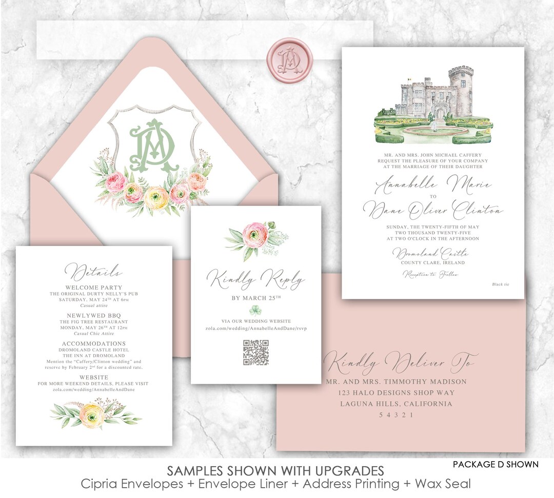 Dromoland Castle Wedding Invitation, Ireland, Pink Floral Venue - Etsy