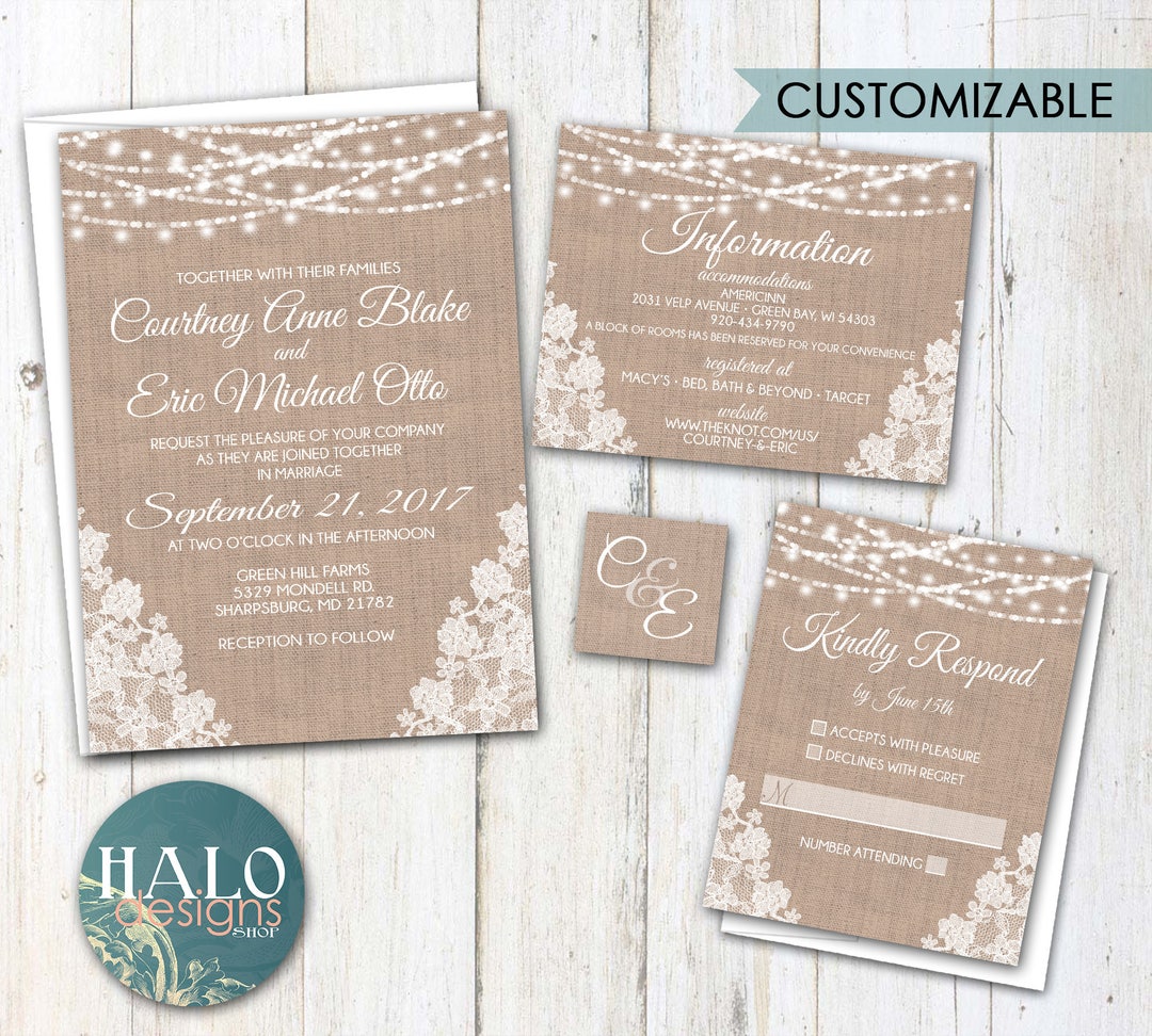 Rustic Lace Wedding Invitation Burlap Lace Wedding - Etsy