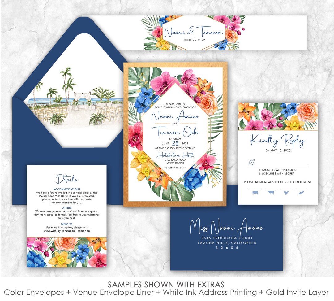 Tropical Colorful Wedding Invitations, Royal Blue, Botanical, Hawaiian ...