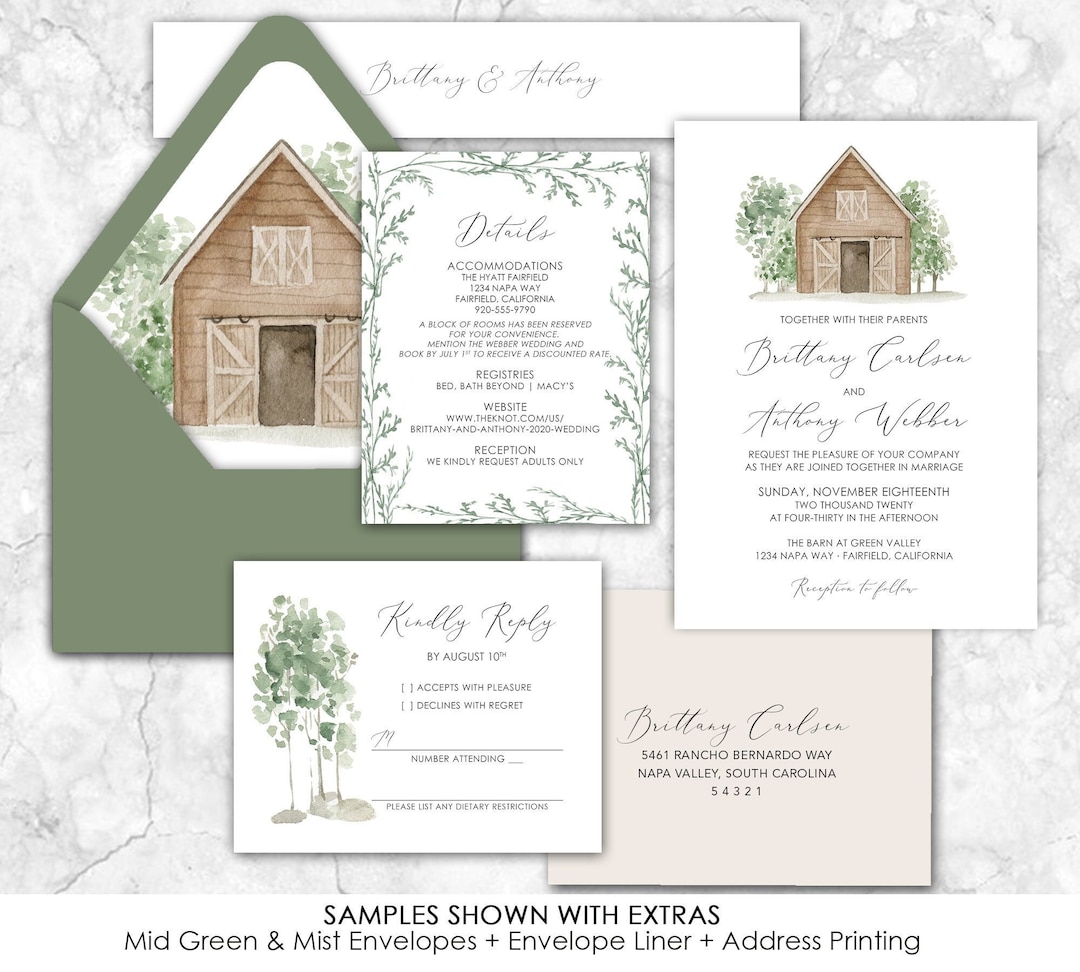 Barn Wedding Invitation, Barn, Rustic, Simple, Greenery, Wedding ...