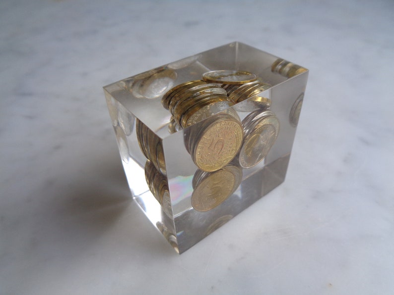 Inclusion in Resin With Five Cent Coins, Small Paperweight, Vintage ...