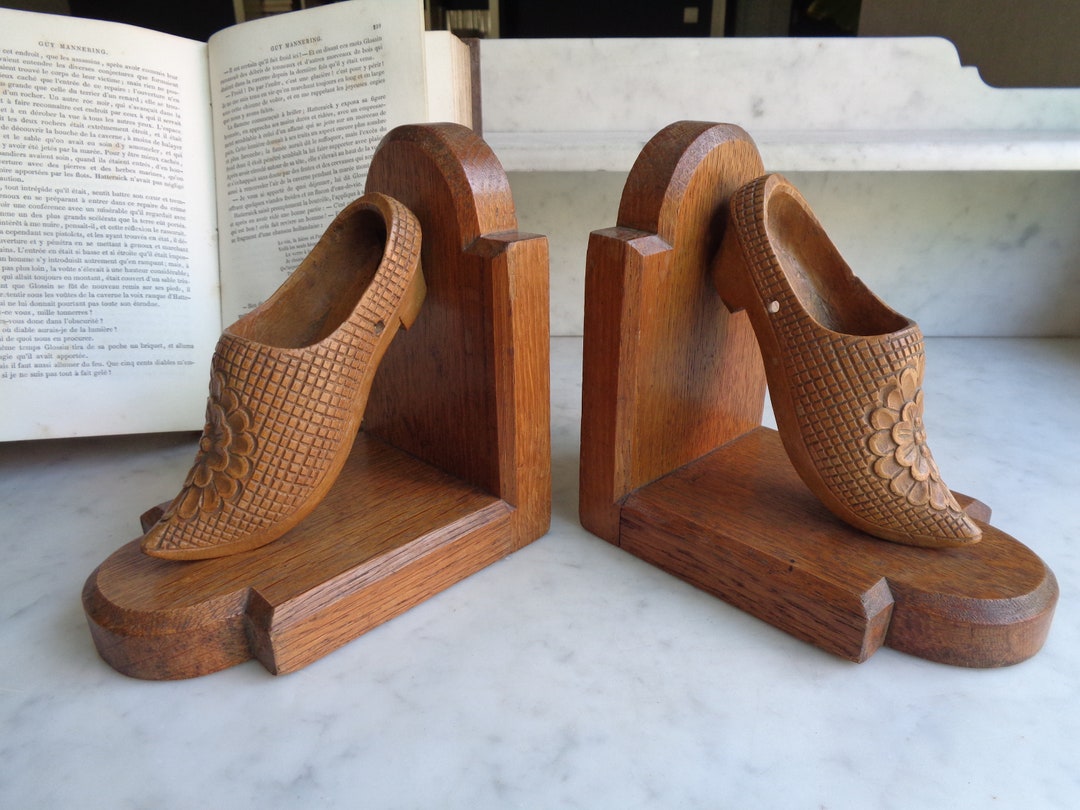 Carved Wooden Bookends With Small Children's Clogs, Breton ...