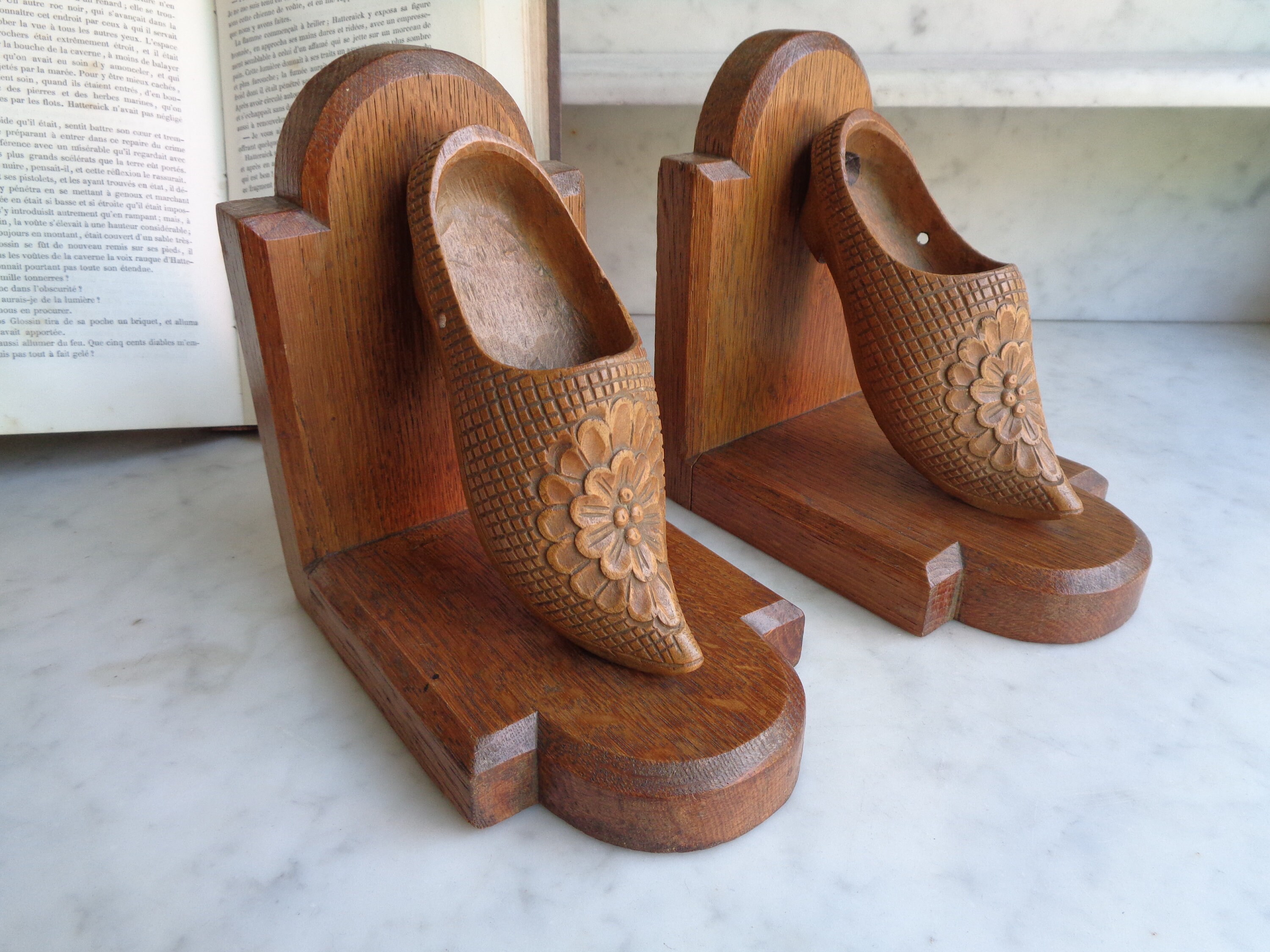 Carved Wooden Bookends With Small Children's Clogs, Breton ...
