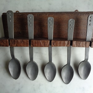 Pewter Spoons on Rustic Wooden Peg, Antique Kitchen Utensils, French ...