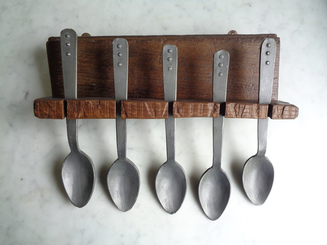 Pewter Spoons on Rustic Wooden Peg, Antique Kitchen Utensils, French ...