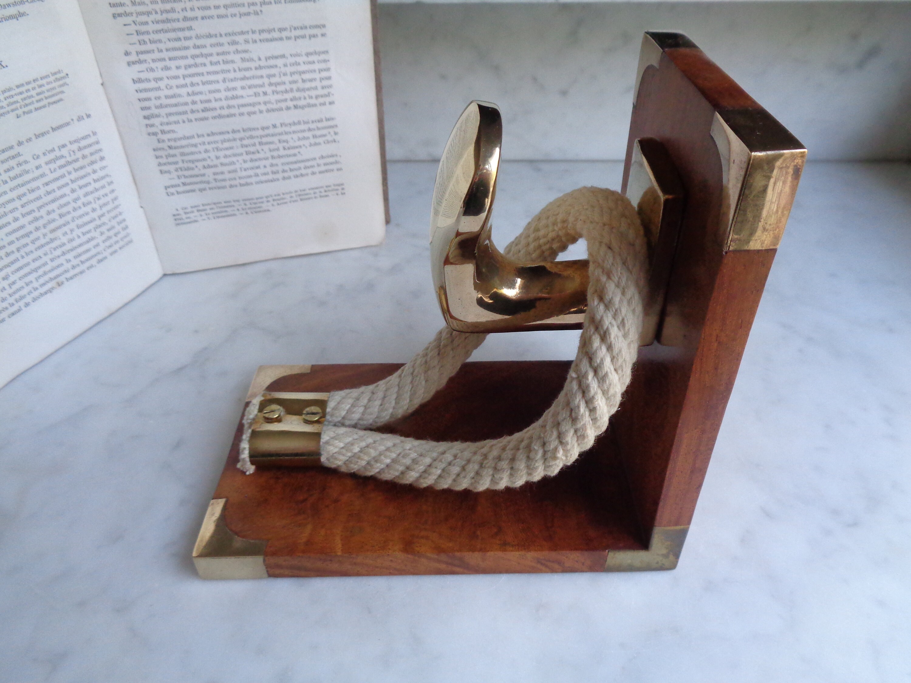 Large Bookend Nautical Style Wood Brass and Rope Library - Etsy