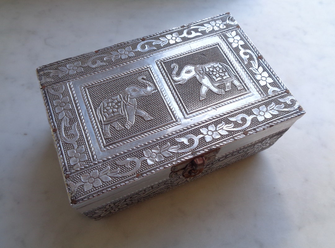 Indian Metal Box, Elephants and Flowers Decor, Jewelry Box, Boho Style ...