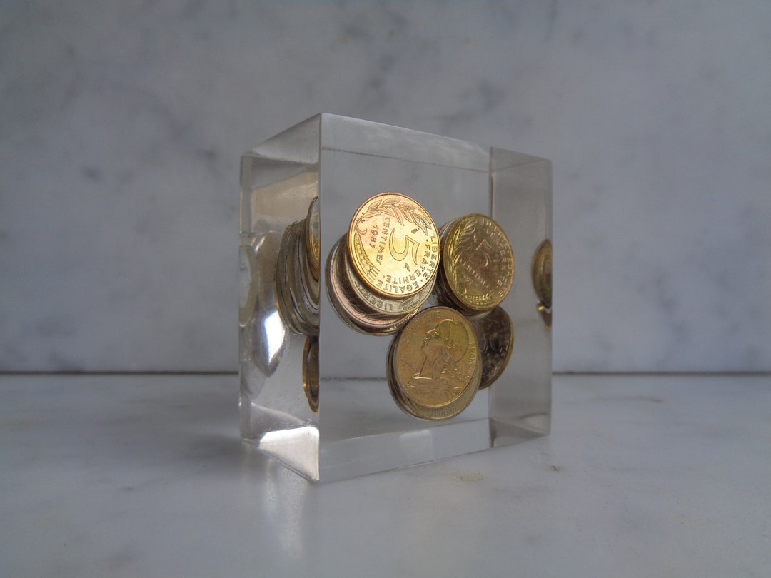 Inclusion in Resin With Five Cent Coins, Small Paperweight, Vintage ...