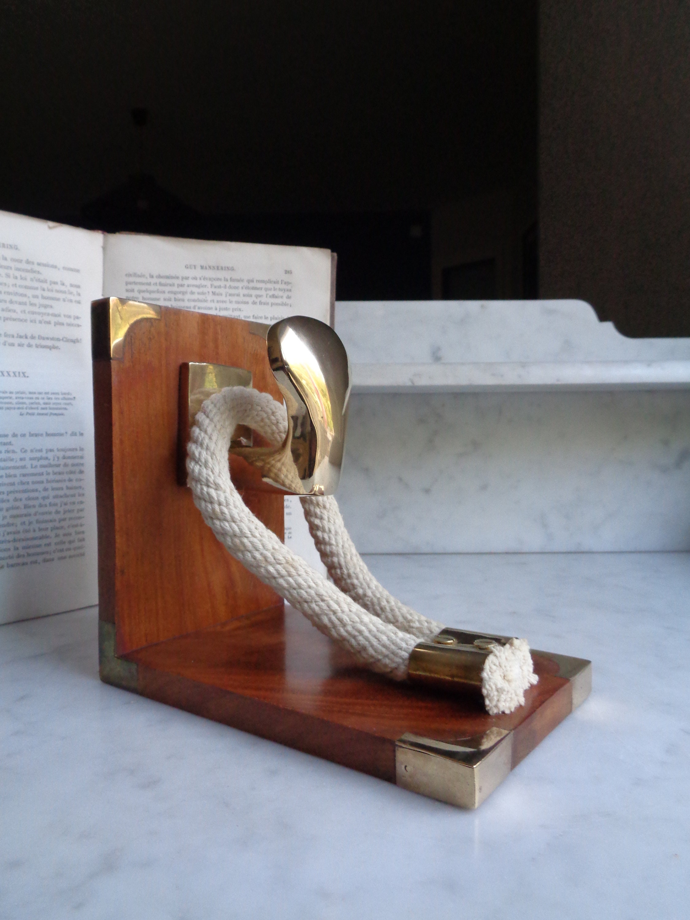 Large Bookend Nautical Style Wood Brass and Rope Library - Etsy
