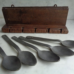 Pewter Spoons on Rustic Wooden Peg, Antique Kitchen Utensils, French ...