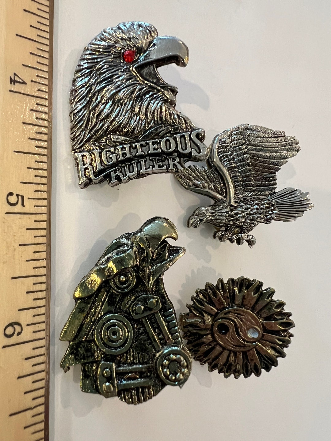 Vintage Motorcycle Pin Lot of 4 Eagle Wings Red Eye Righteous Ride Sun ...