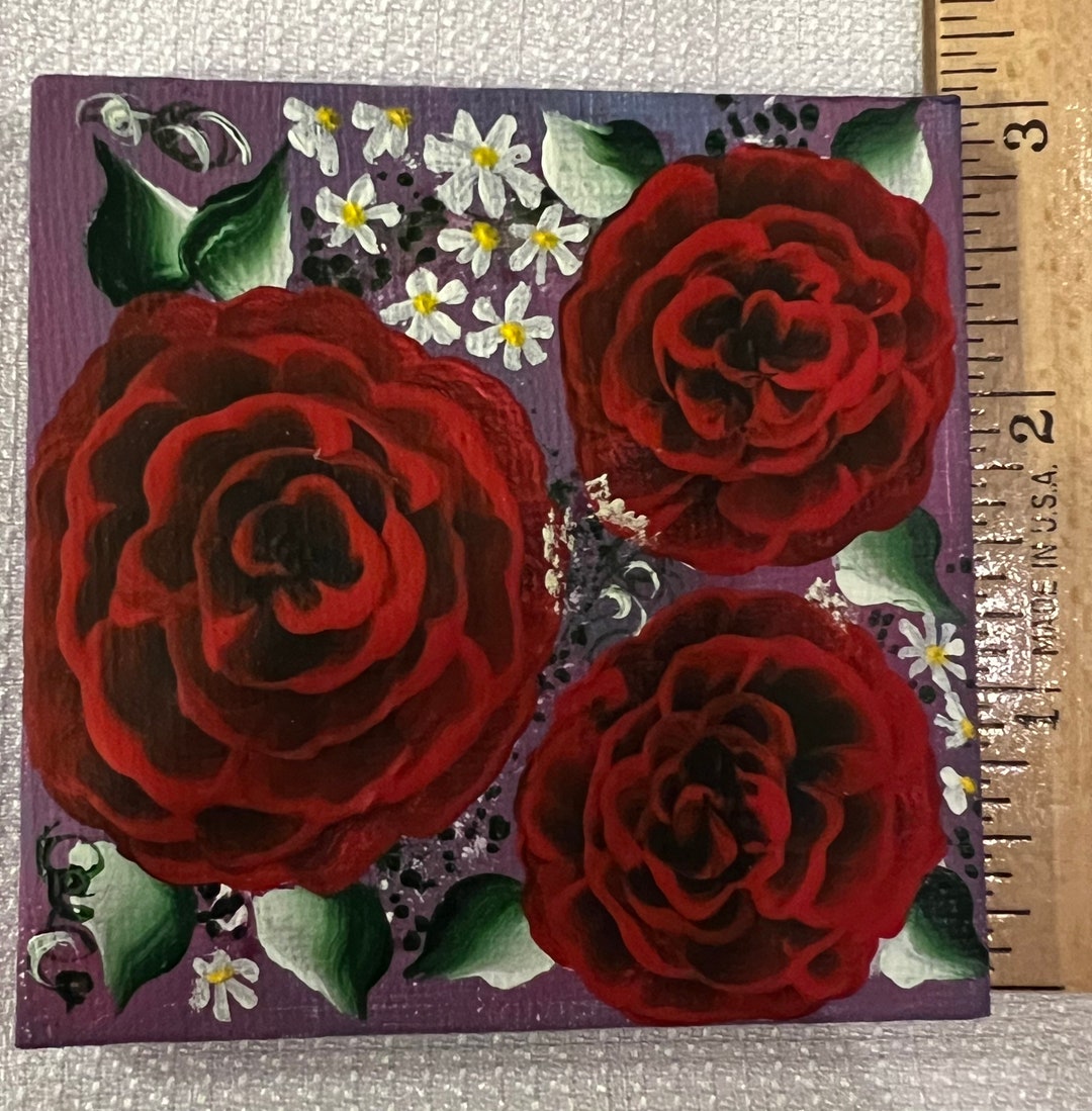 Miniature Red Roses Painting: Hand-painted Acrylic Art (3"x3") - Etsy
