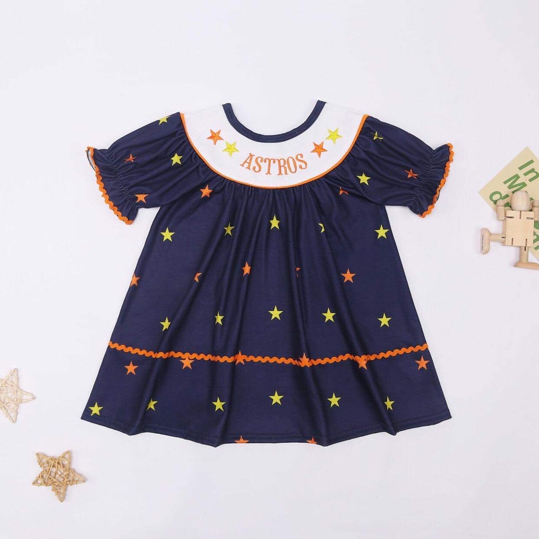 Houston Astros Little Girl Dress - Star Embroidered Bishop Dress ...