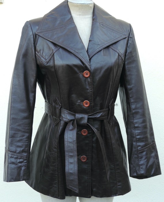 1960s MOD Brown Leather Jacket Belt Tie Car Coat Wome… - Gem