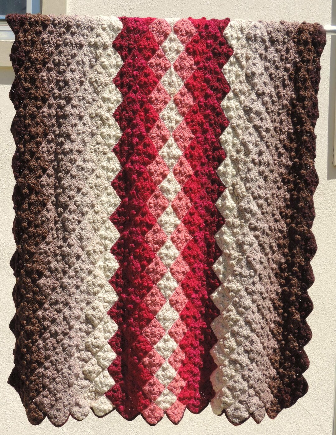 Hand Crochet Wool Afghan Lap Shawl Burgundy Brown Textured Throw Long ...