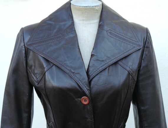 1960s MOD Brown Leather Jacket Belt Tie Car Coat Wome… - Gem