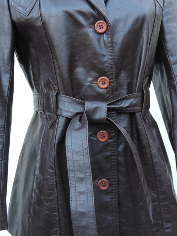 1960s MOD Brown Leather Jacket Belt Tie Car Coat Wome… - Gem