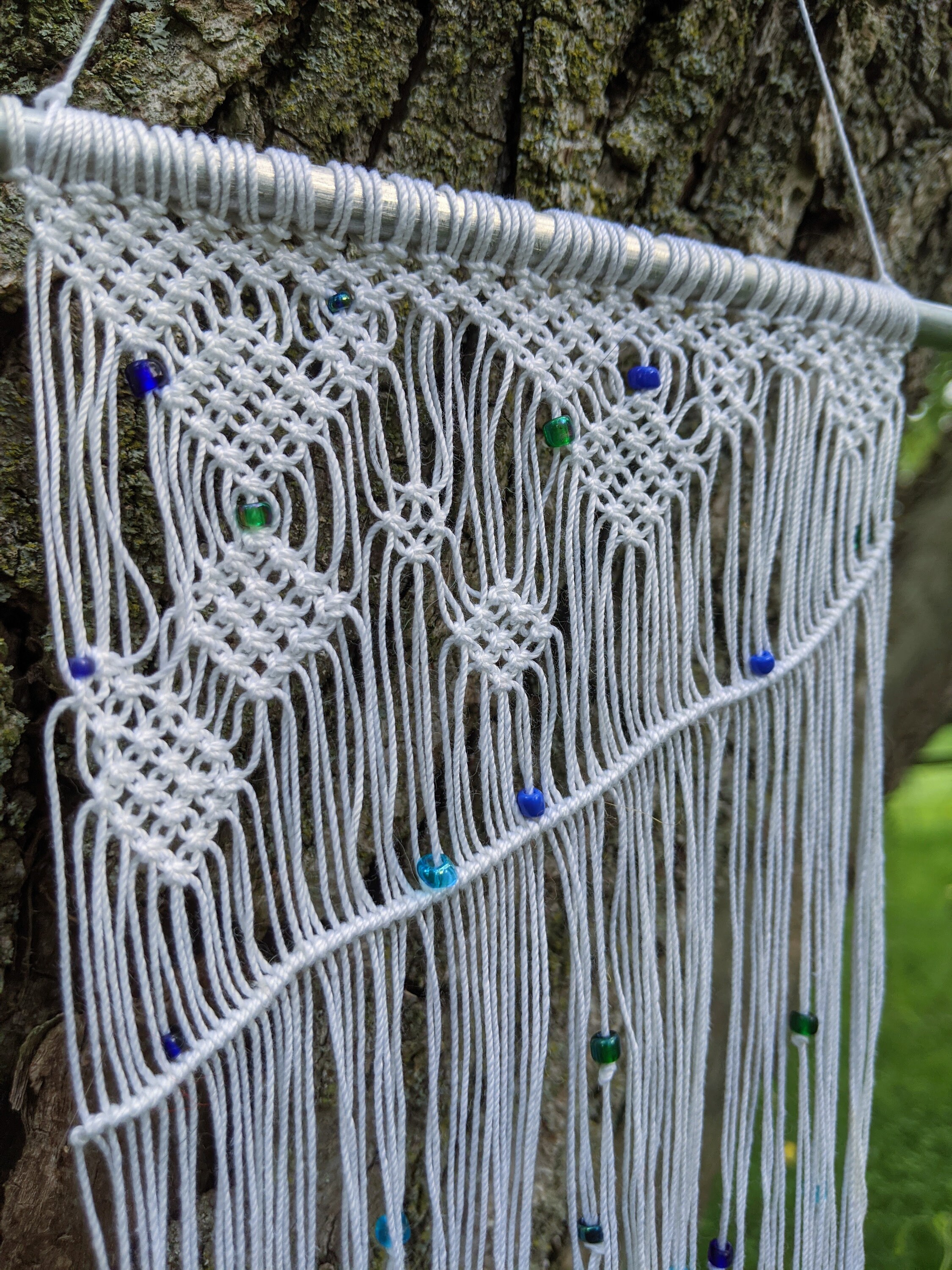 Macrame Wall Hanging, Beaded White Diamonds - Etsy UK