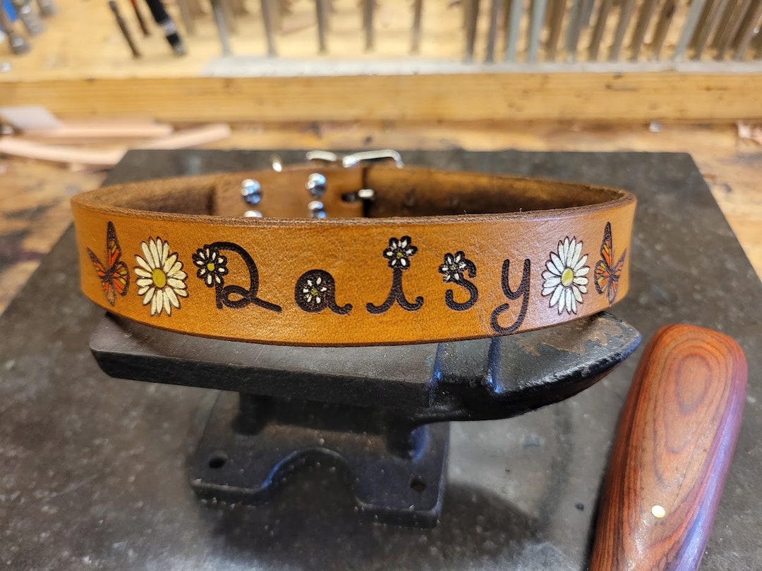 Dog Collar, Leather Dog Collar, Daisy Flowers Dog Collar, Butterfly ...
