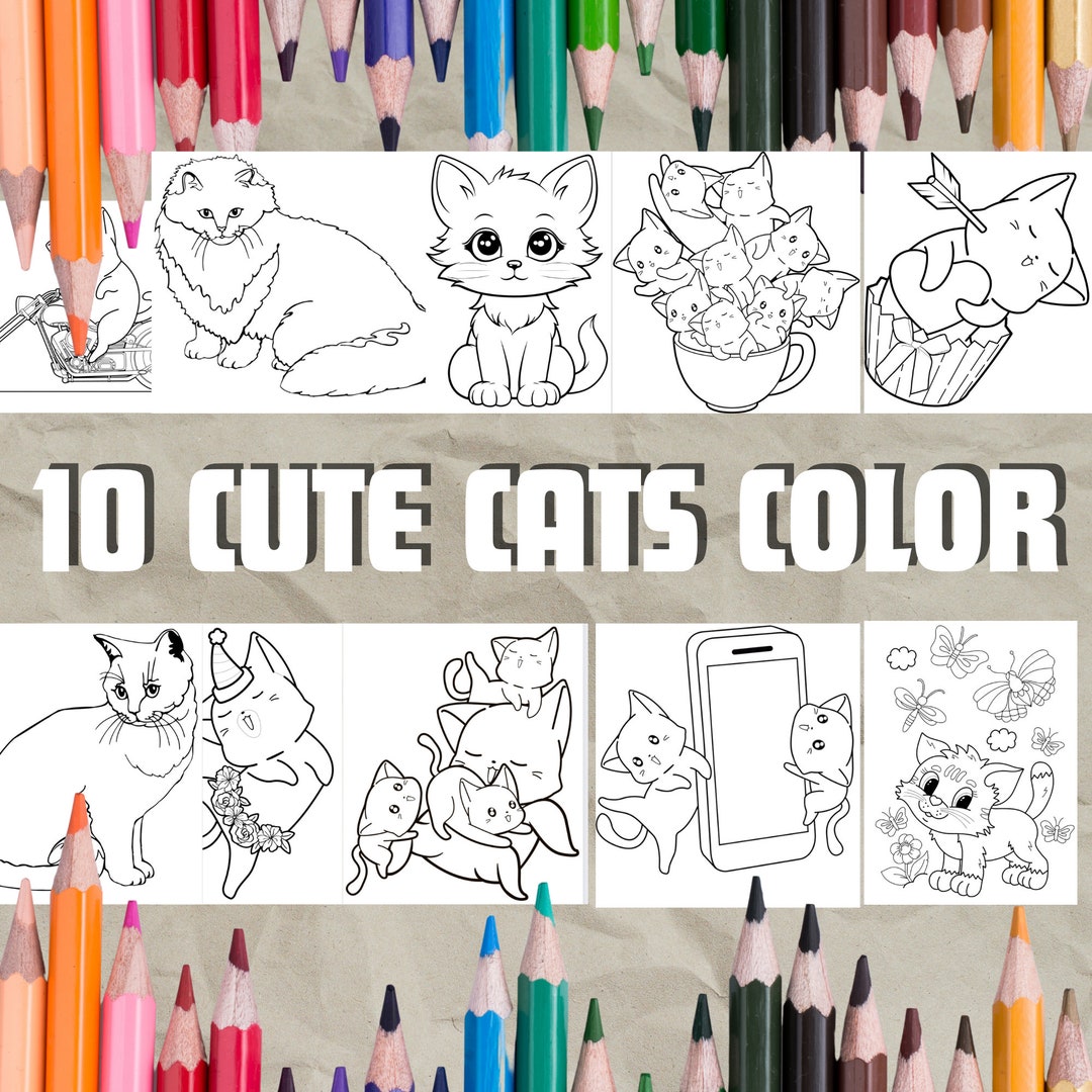 10 Cat Colouring Pages, Cute Cat Colouring Sheets, Printable Kitten ...