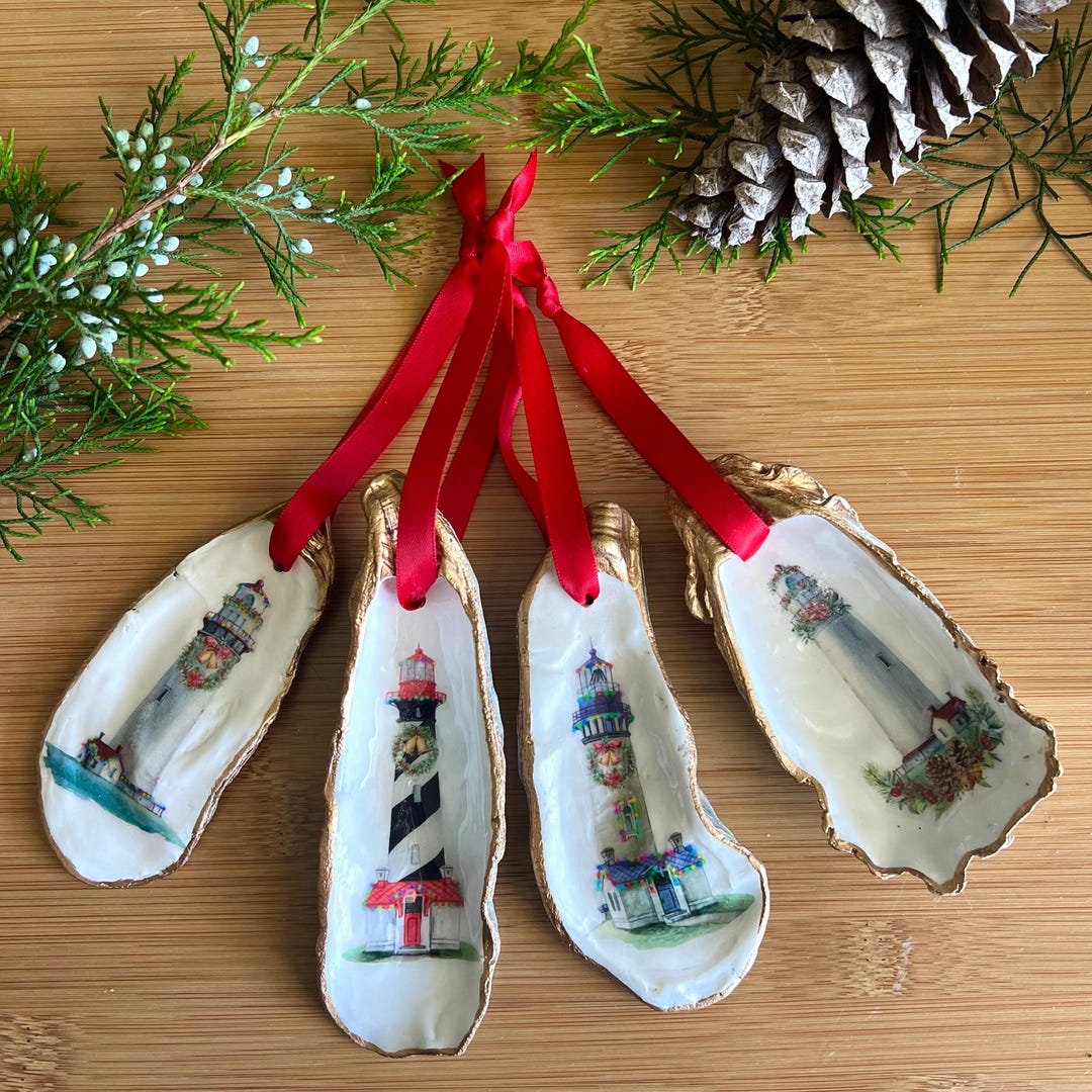 Lighthouse Oyster Shell Christmas Ornaments Beach Coastal Decor Gift ...