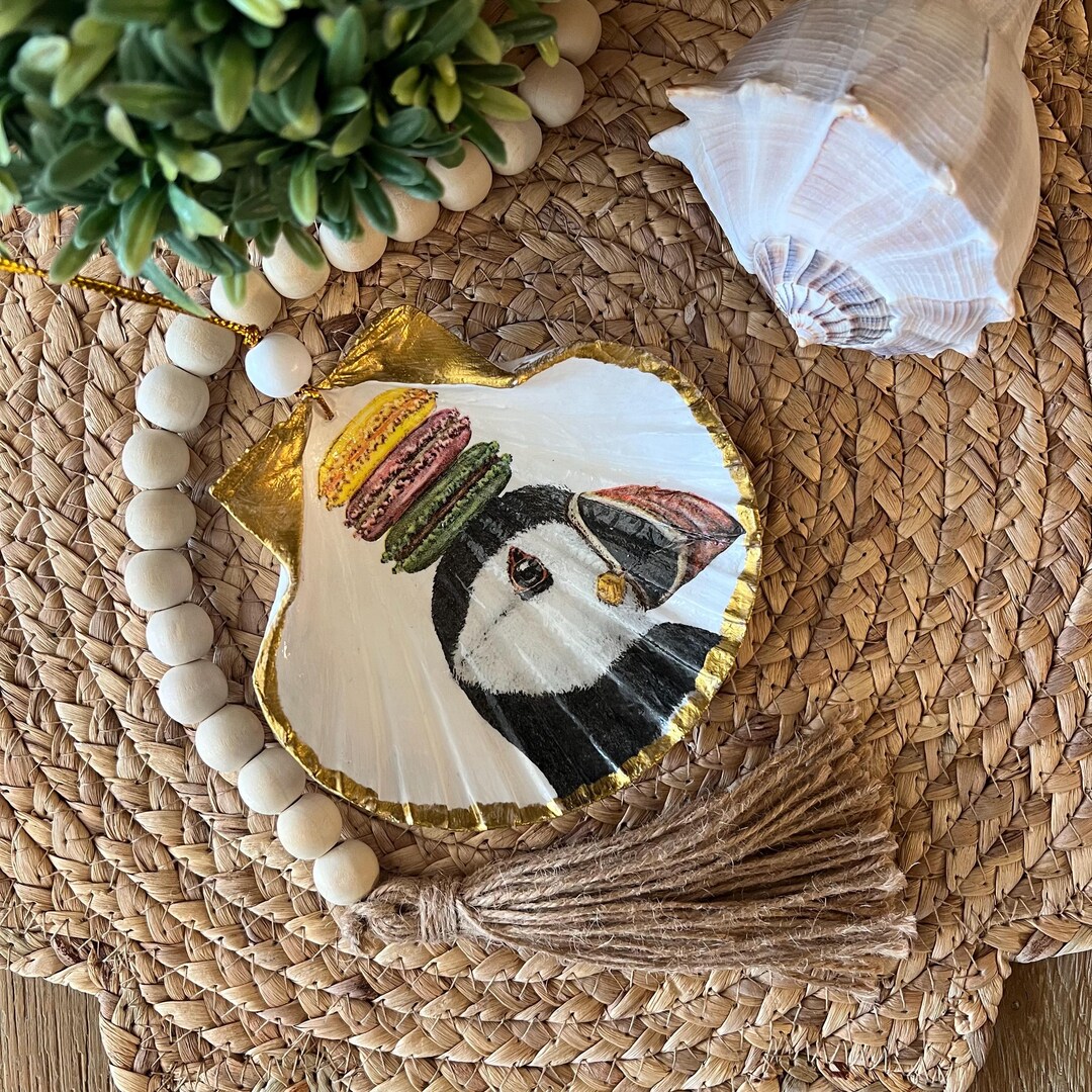 Puffin Bird With Macarons Gilded XL Scallop Shell Hostess Gift Gift Bag ...