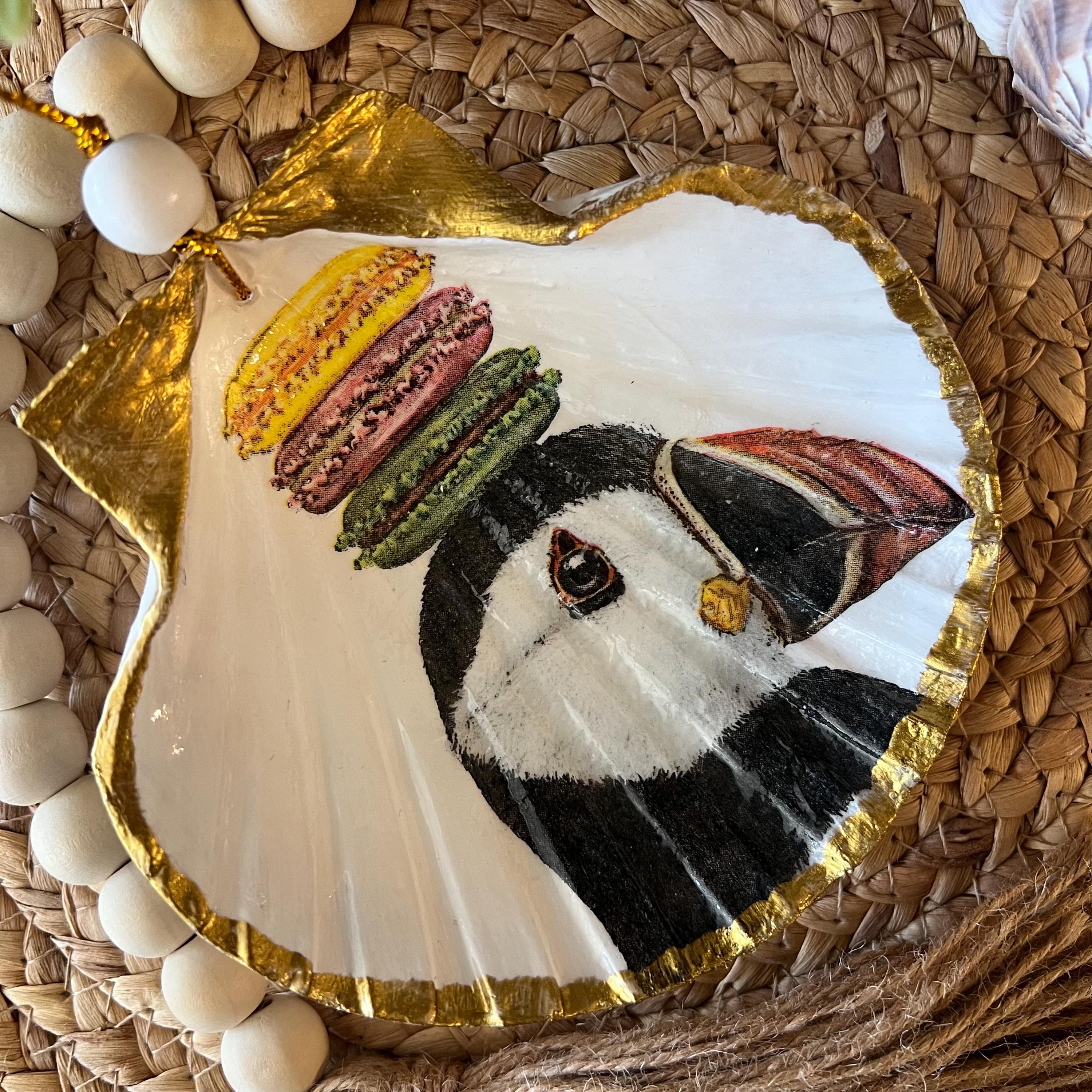 Puffin Bird With Macarons Gilded XL Scallop Shell Hostess Gift Gift Bag ...
