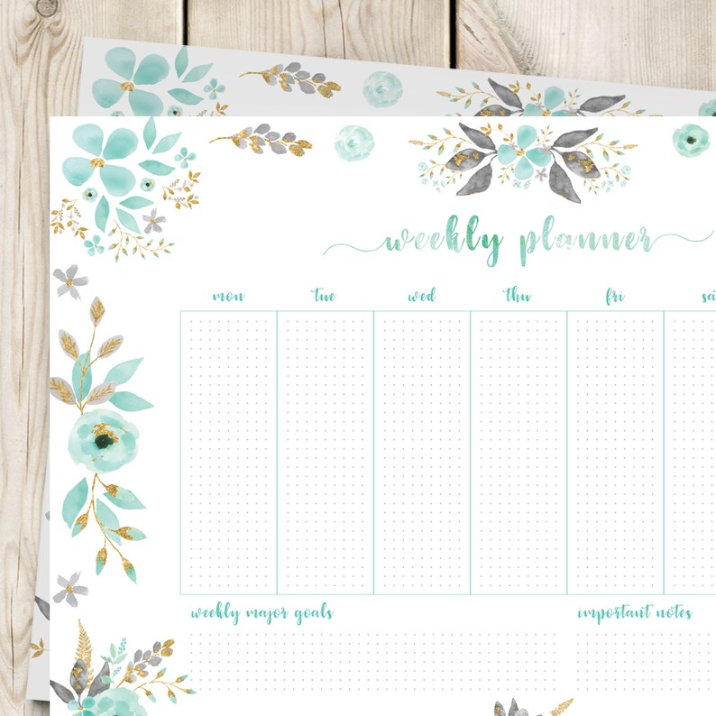 Weekly Planner Mint & Gold Watercolor Printable, Weekly Schedule ...
