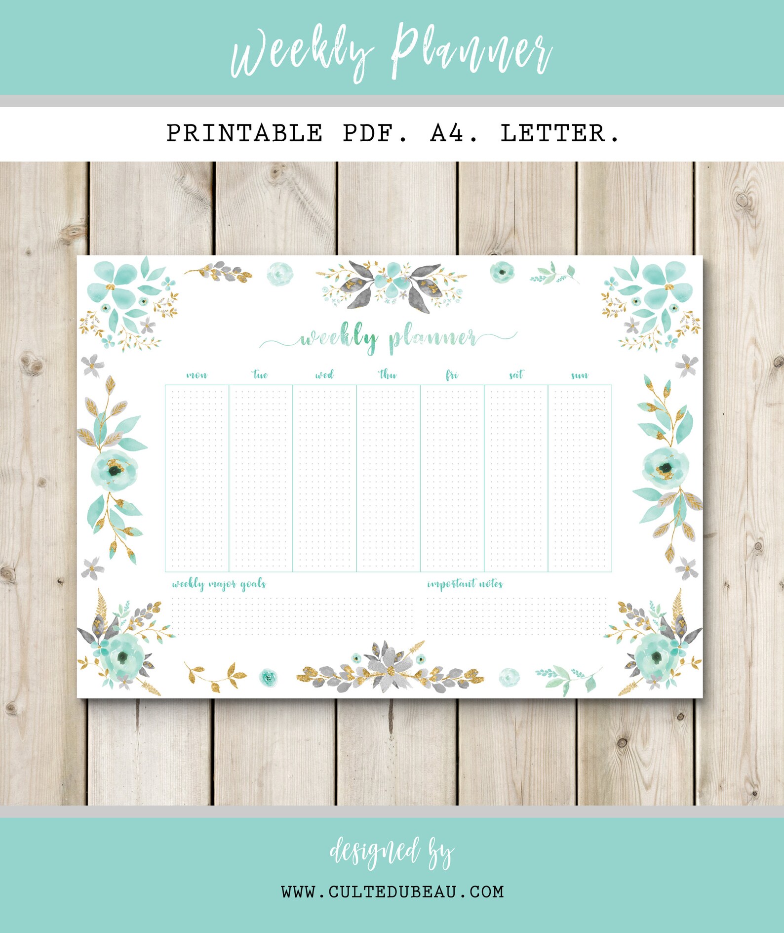Weekly Planner Mint & Gold Watercolor Printable Weekly | Etsy