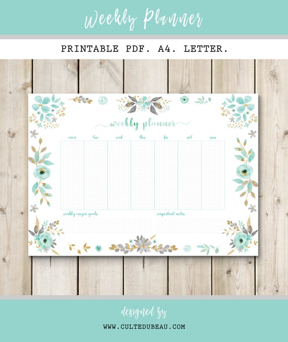 Weekly Planner Mint & Gold Watercolor Printable Weekly | Etsy