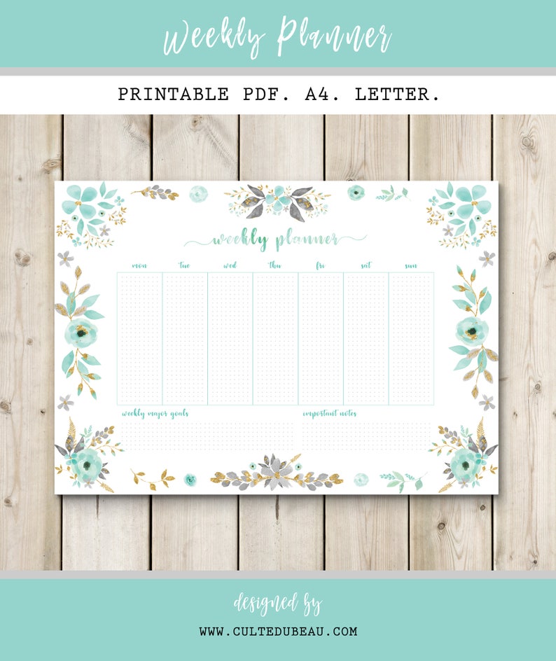 Weekly Planner Mint & Gold Watercolor Printable Weekly | Etsy