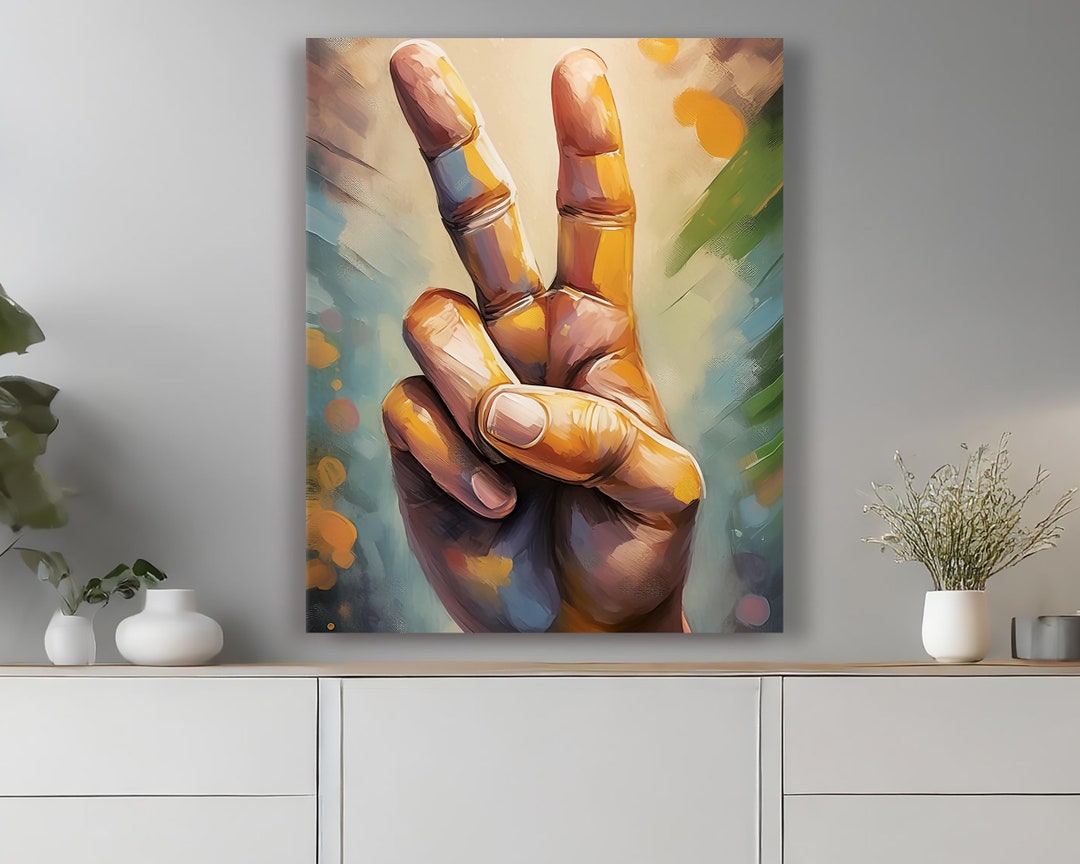 Peace Sign Hand Canvas Painted Style Home Decor Living Room Wall Art ...